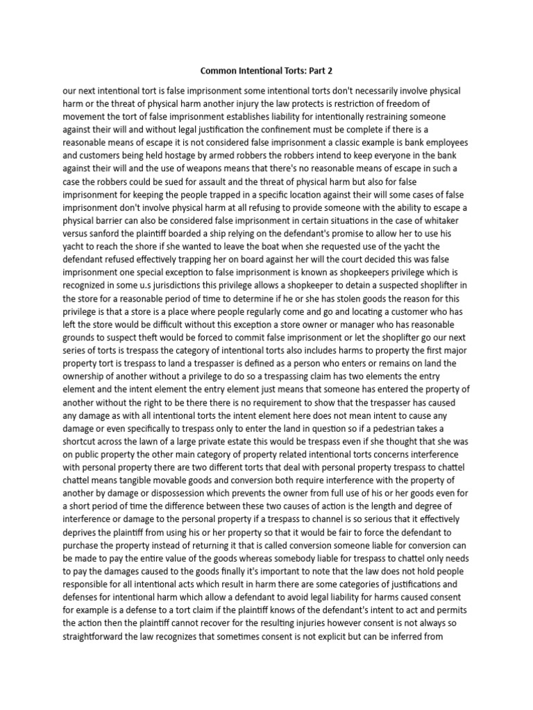 Common Intentional Torts - Part 2 | PDF | Trespass | Conversion (Law)