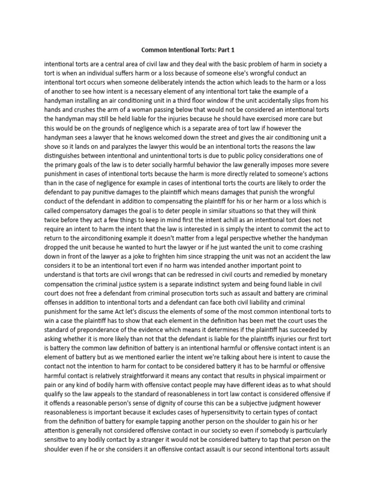 Common Intentional Torts - Part 1 | PDF | Tort | Assault