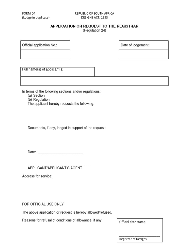 Application or Request To The Registrar: Form D4 Republic of South ...