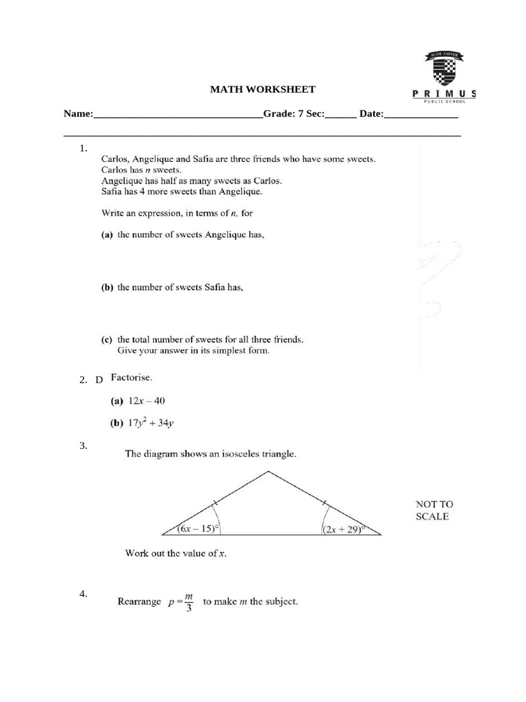 Grade 7 Expressions and Equations Worksheet | PDF