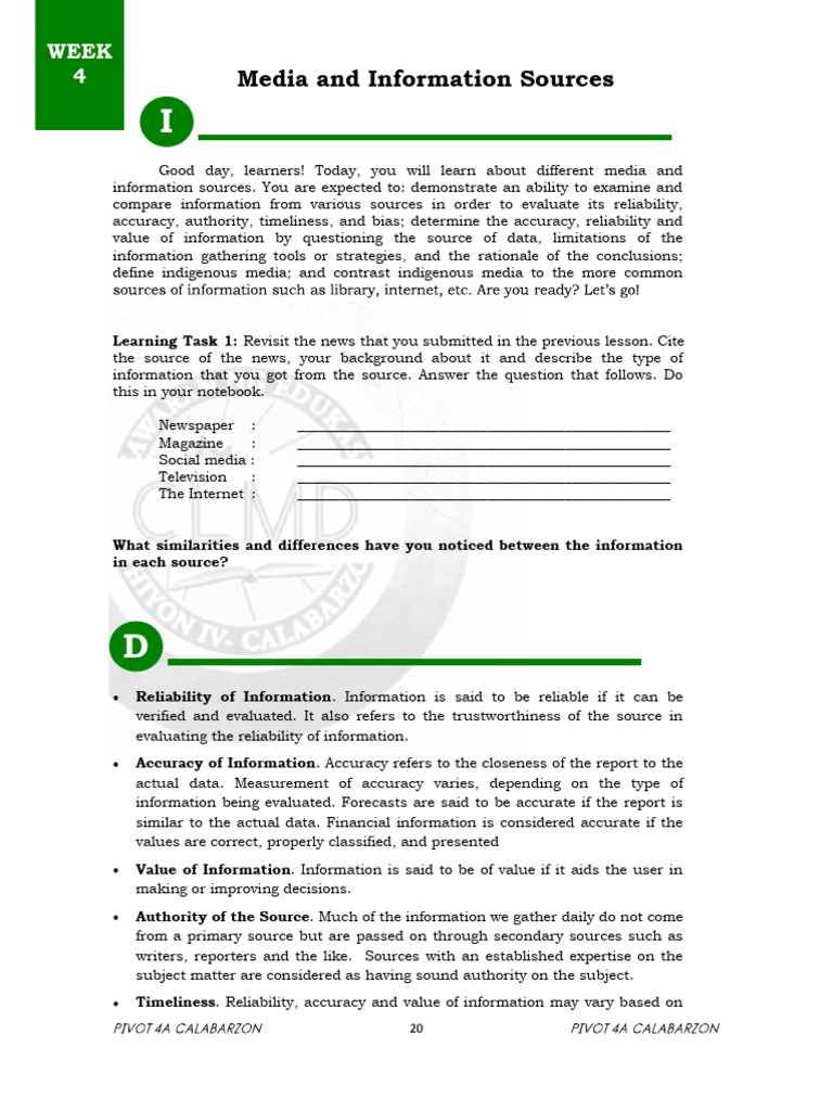 WEEK 4-MEDIA & INFORMATION SOURCES | PDF | Accuracy And Precision ...