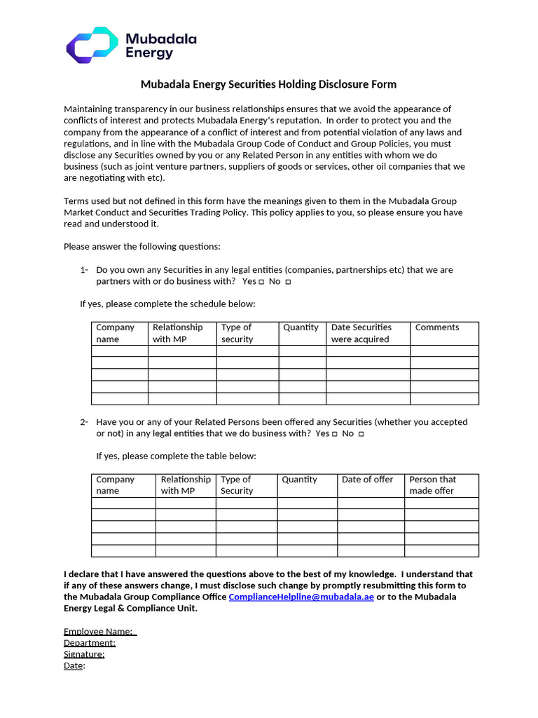 Mubadala Energy Securities Disclosure Form | PDF