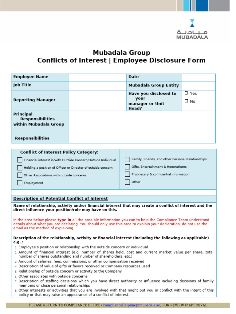 Mubadala Employee Conflict Disclosure Form | PDF | Conflict Of Interest ...