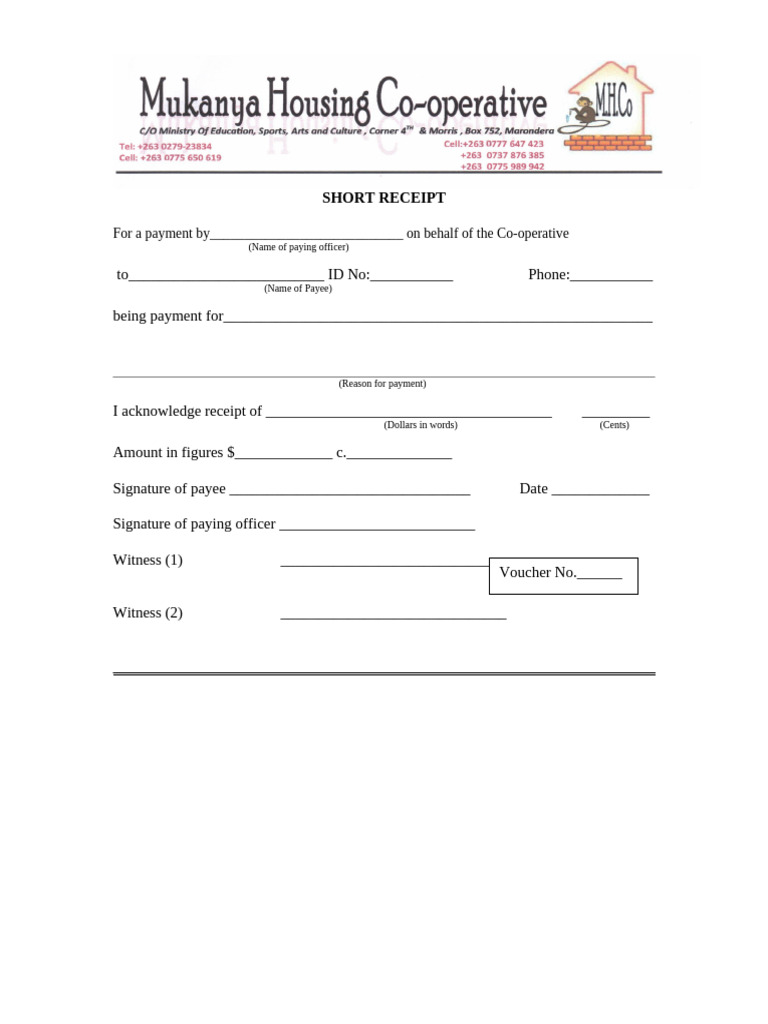 Mukanya Housing Co-Operative Short Receipt Sample | PDF | Payments ...