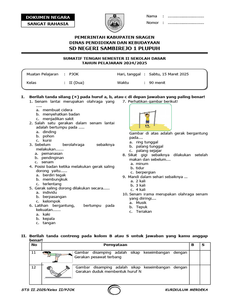 SOAL PJOK KELAS 2 PTS SEMESTER 2-1-2 | PDF