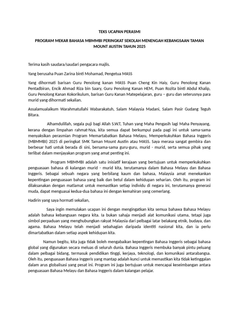 Teks Ucapan Perasmi Mbmmbi 2025 | PDF