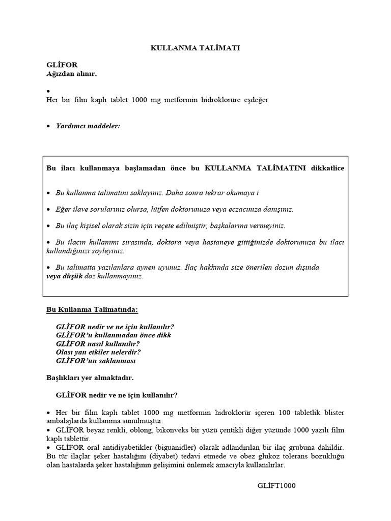 Glifor Metformin 1000 MG Tablet Recete Prospektus | PDF