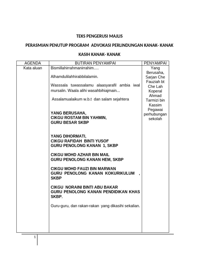 Teks Perasmian Penutup Program Advokasi Perlindunagn Kanak - Kanak | PDF