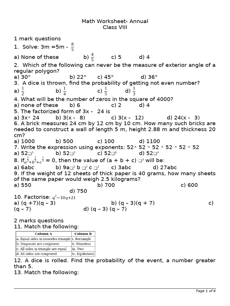 Math Annual Worksheet Class 8 Pdf 6451