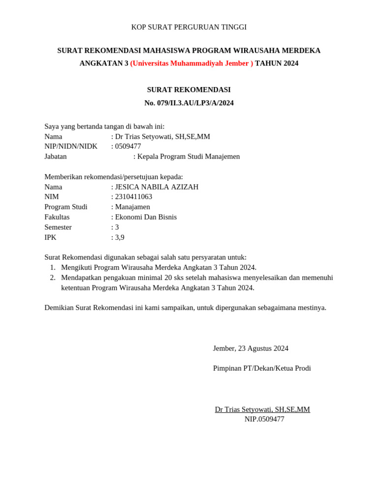 Surat Rekomendasi (Kampus Merdeka WMK) | PDF