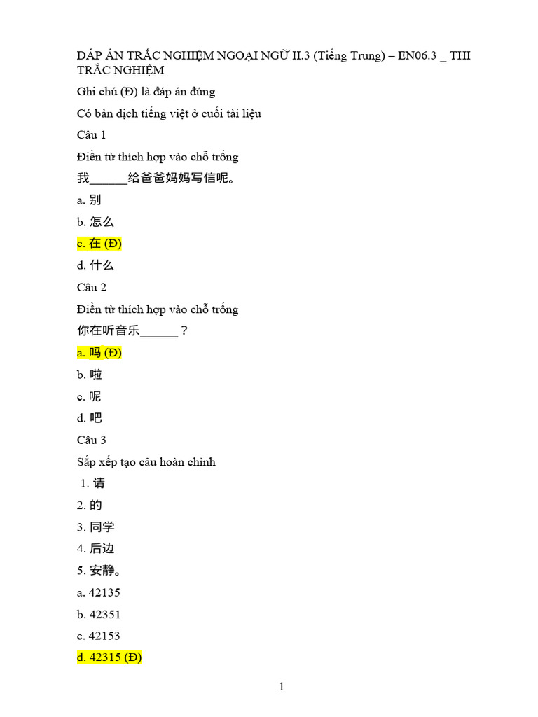 (123doc) - Dap-An-Trac-Nghiem-Ngoai-Ngu-Ii-3-Tieng-Trung-En06-3-Thi-Trac-Nghiem | PDF