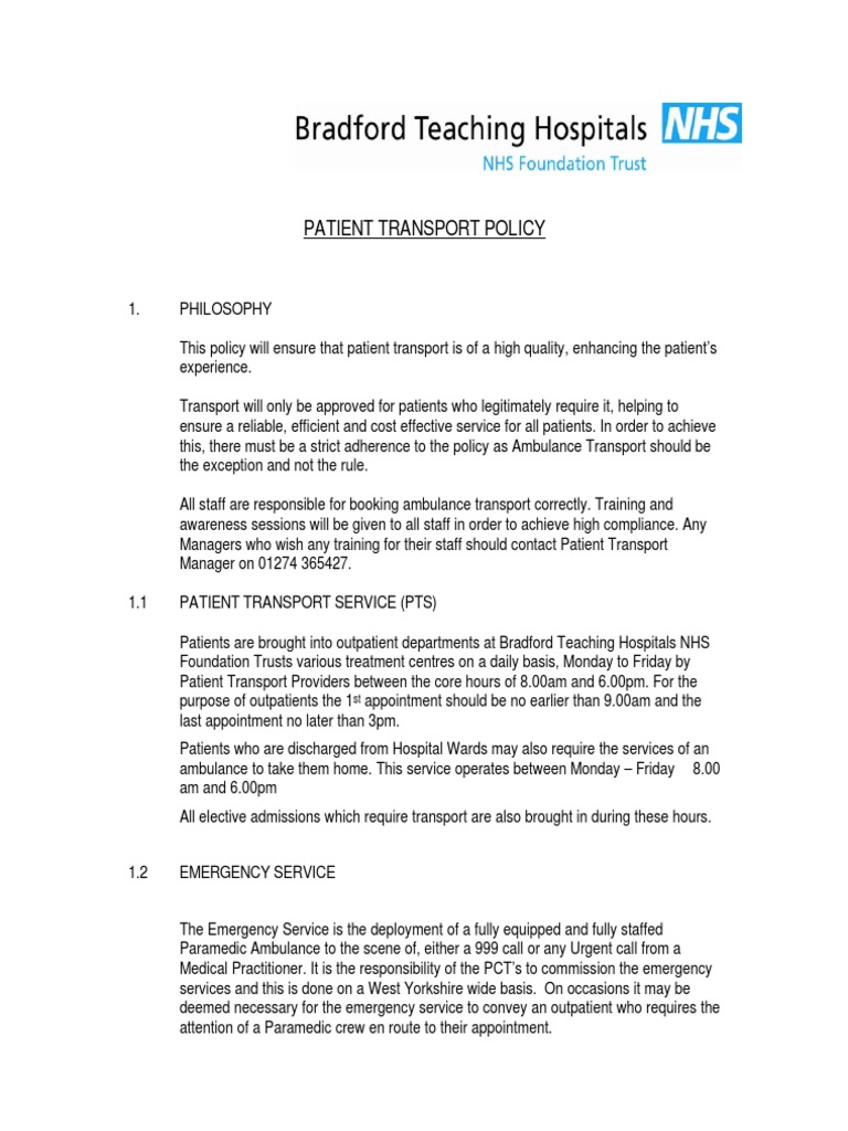 Patient Transport Policy Overview | PDF | Ambulance | Wheelchair