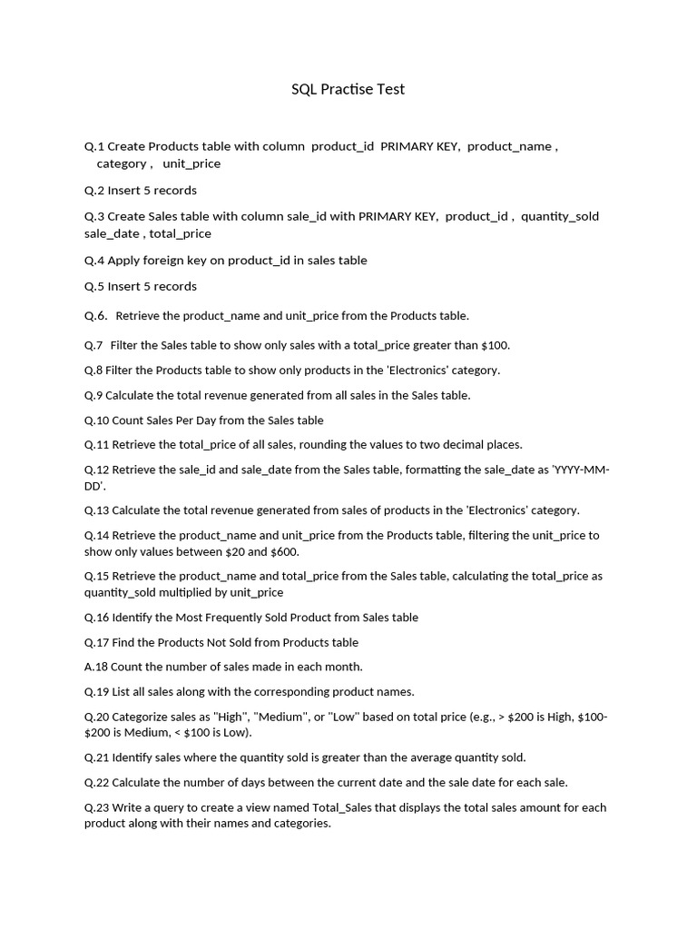 SQL Practise Test | PDF | Databases | Data Management Software SQL Practise Test | PDF | Databases | Data Management Software