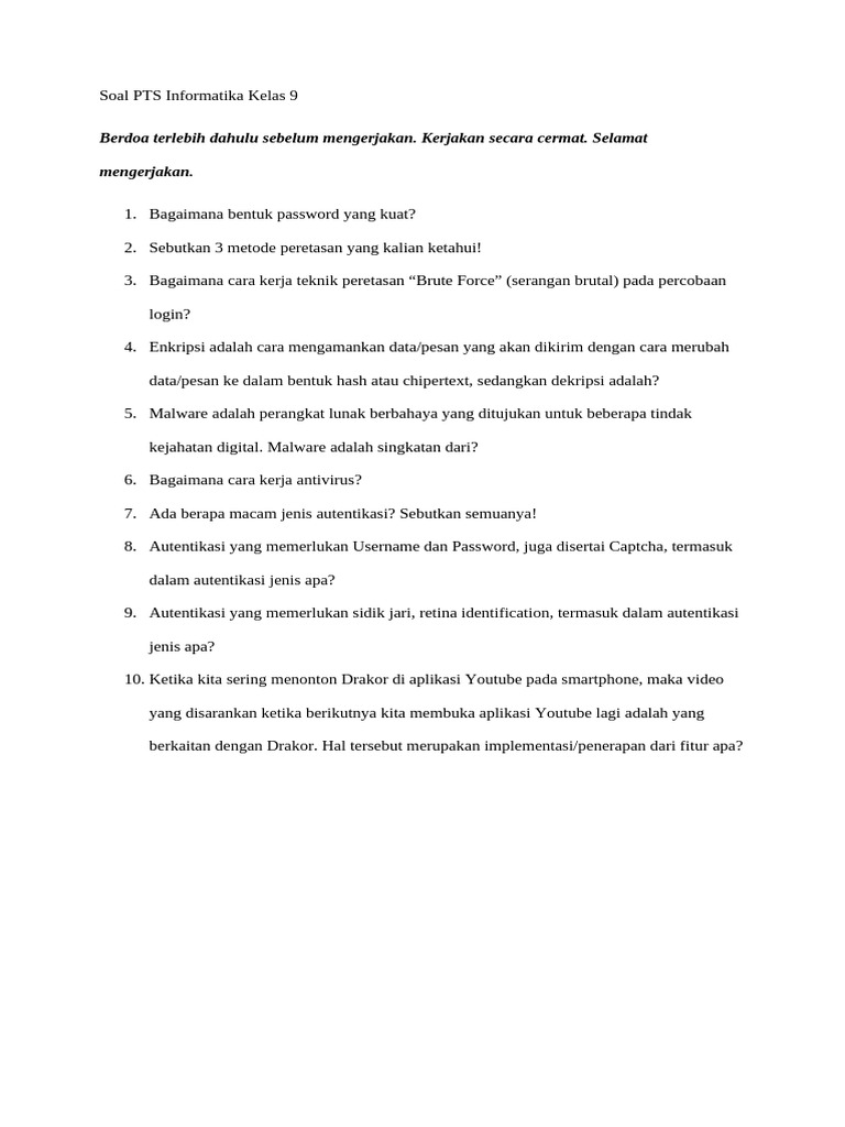 Soal PTS Informatika Kelas 9 SMT 2 | PDF