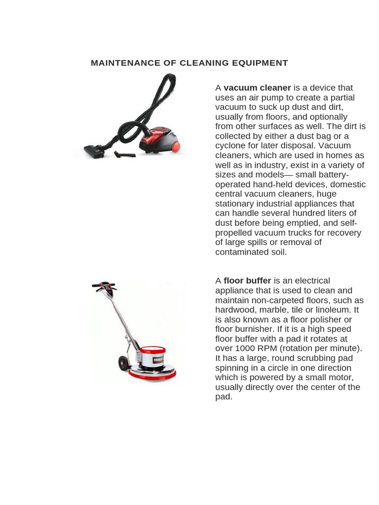 Cleaning Equipment Maintenance Guide | PDF | Vacuum Cleaner | Safety