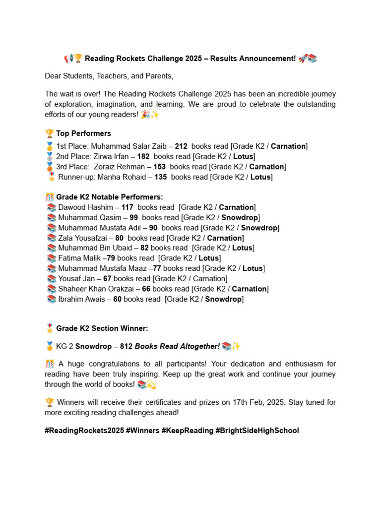 Reading Rockets Challenge 2025 - Early Years - Results Announcement | PDF