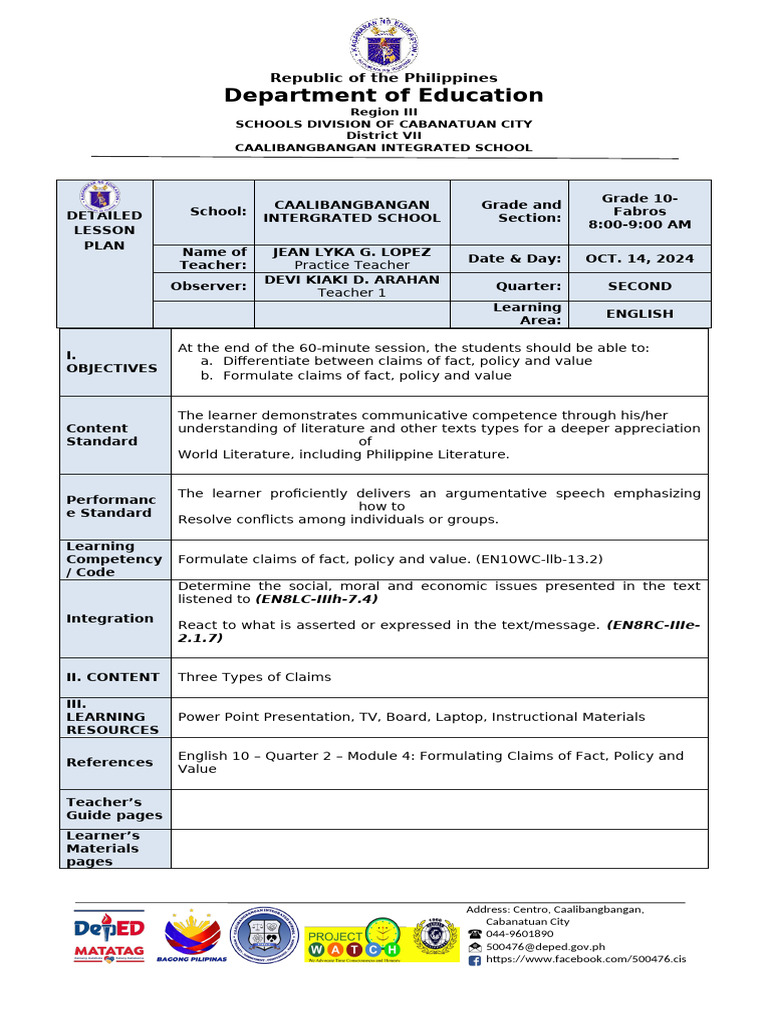 SEMI-DETAILED-LESSON-PLAN-DEMO | PDF | Learning | Argument
