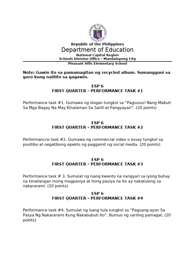 Esp 6 Quarter 1 Performance Task | PDF