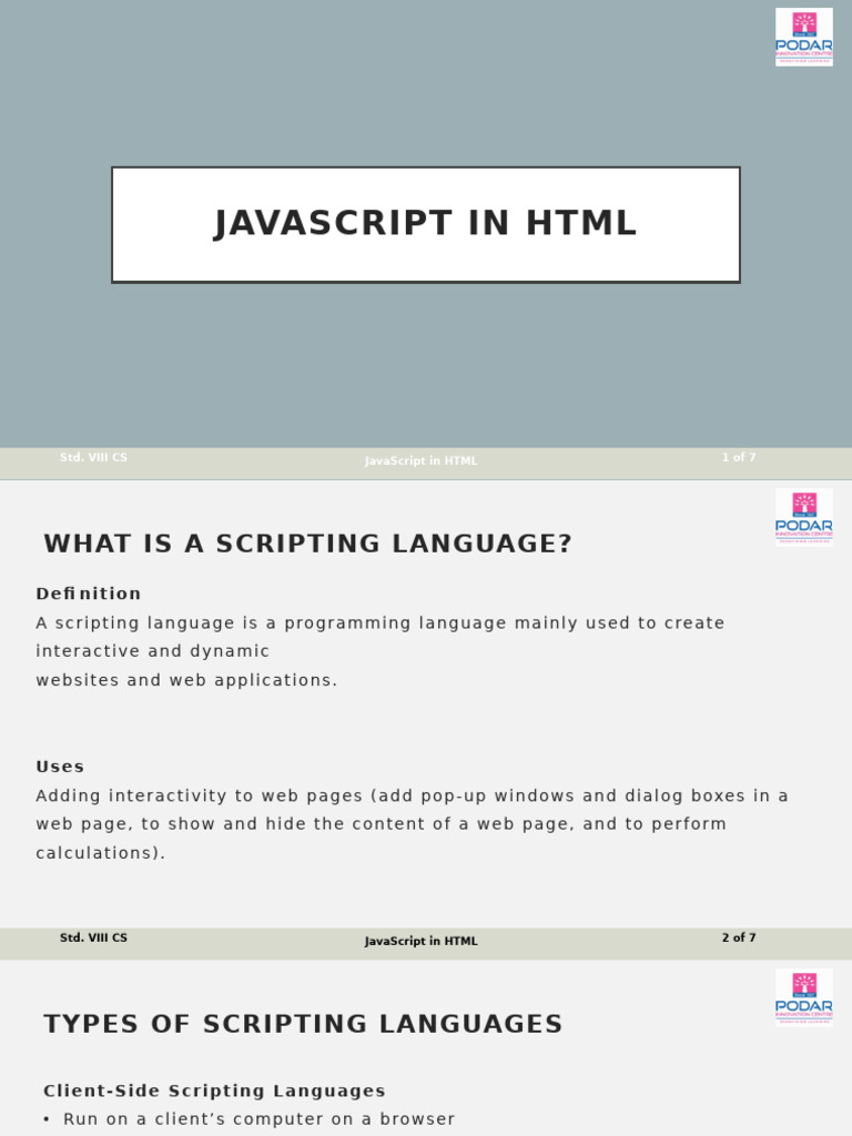 Ppt1 CB Viii Cs Javascript in HTML | PDF | Dynamic Web Page | Web Development