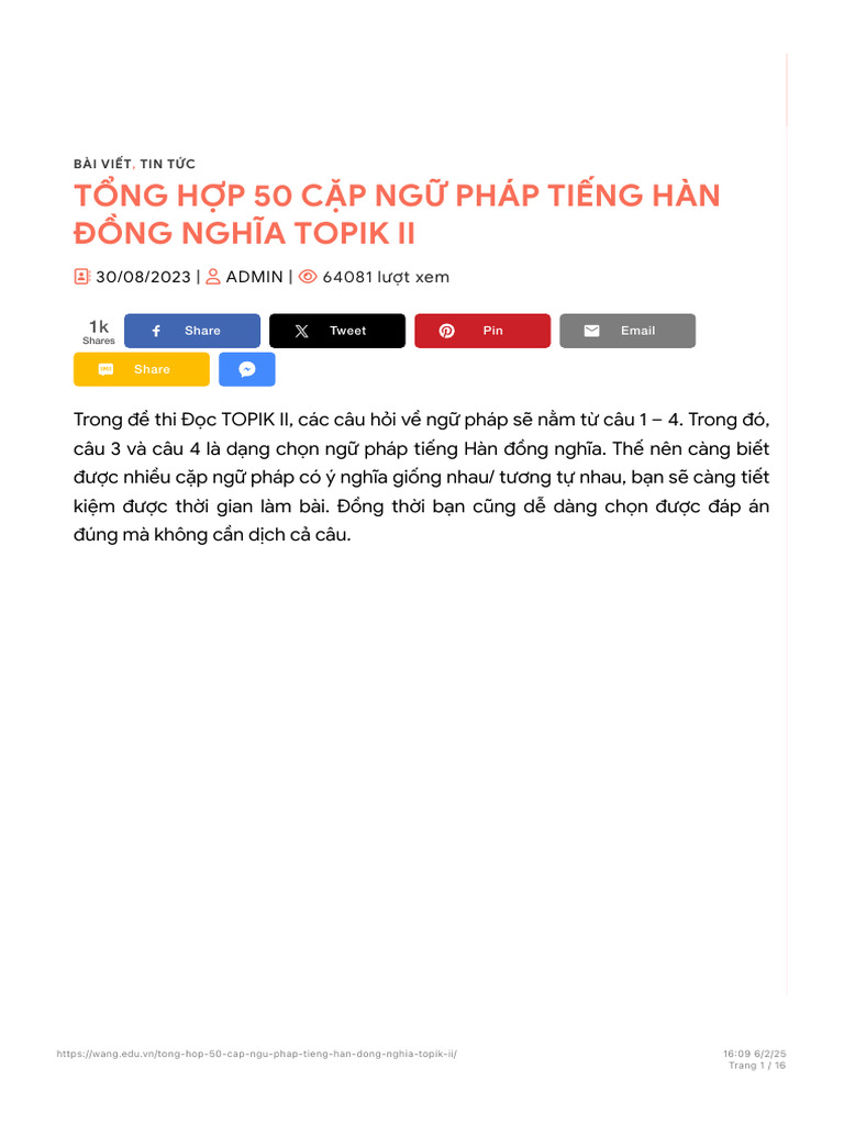 TỔNG HỢP 50 CẶP NGỮ PHÁP TIẾNG HÀN ĐỒNG NGHĨA TOPIK II - WANG Language - Trung T | PDF