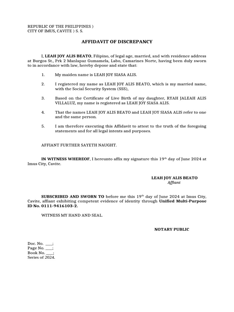 Affidavit of Name Discrepancy in SSS | PDF