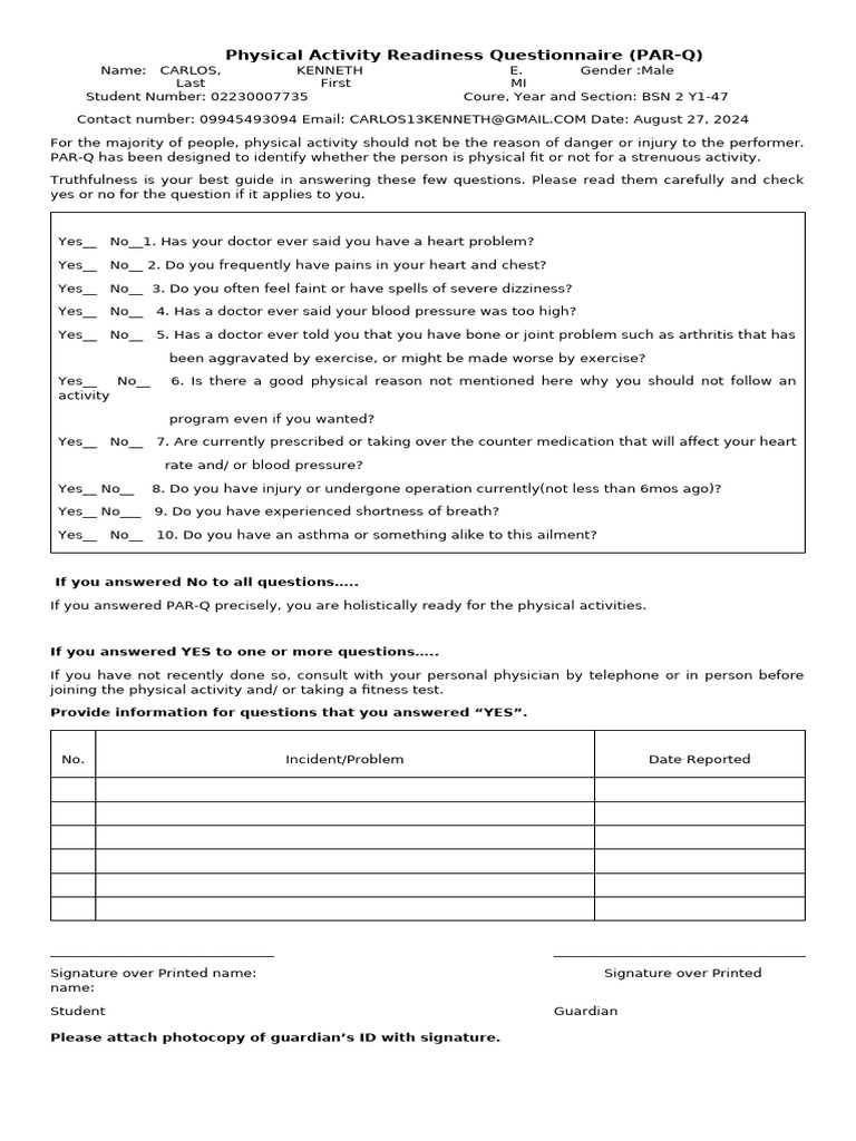 PAR-Q for Physical Activity Readiness | PDF | Clinical Medicine | Medical Specialties