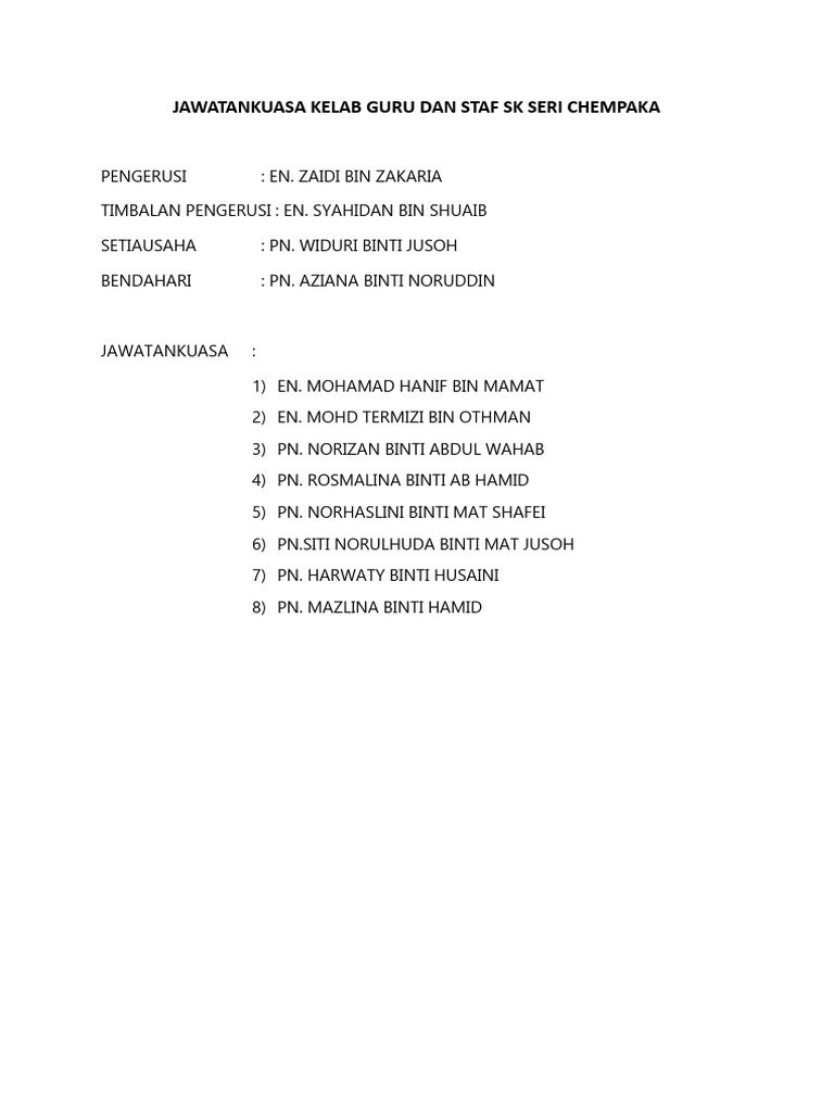 Jawatankuasa Kelab Guru Dan Staf SK Seri Chempaka | PDF