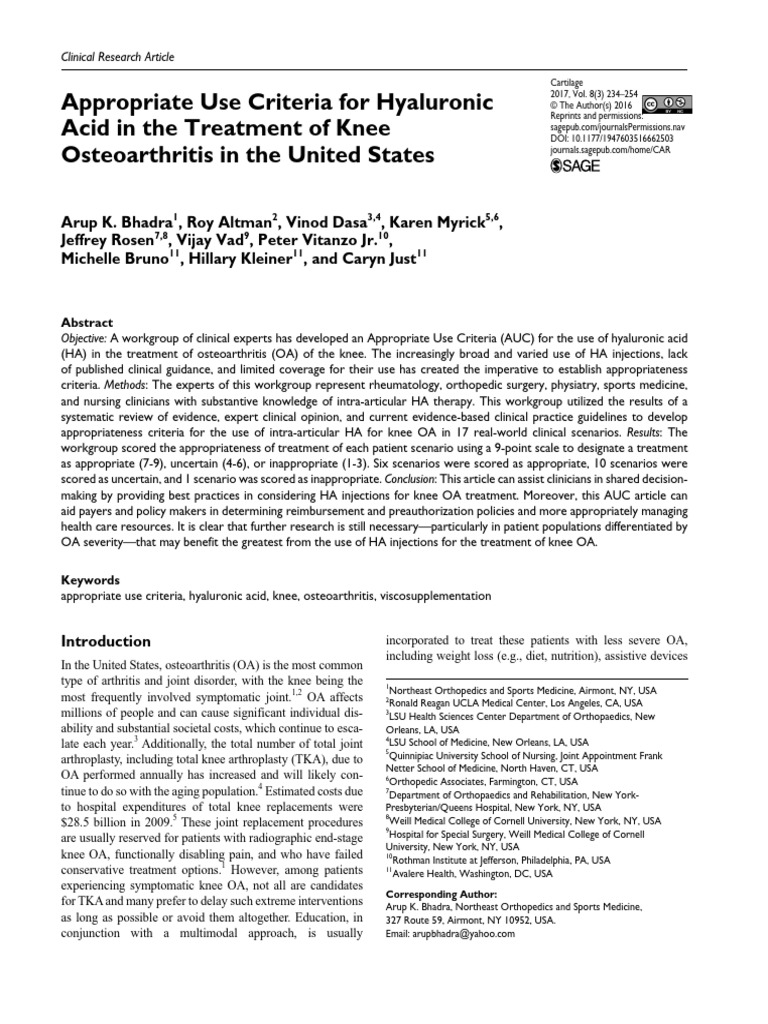 Appropriate Use Criteria For Hyaluronic Acid in The Treatment of Knee ...