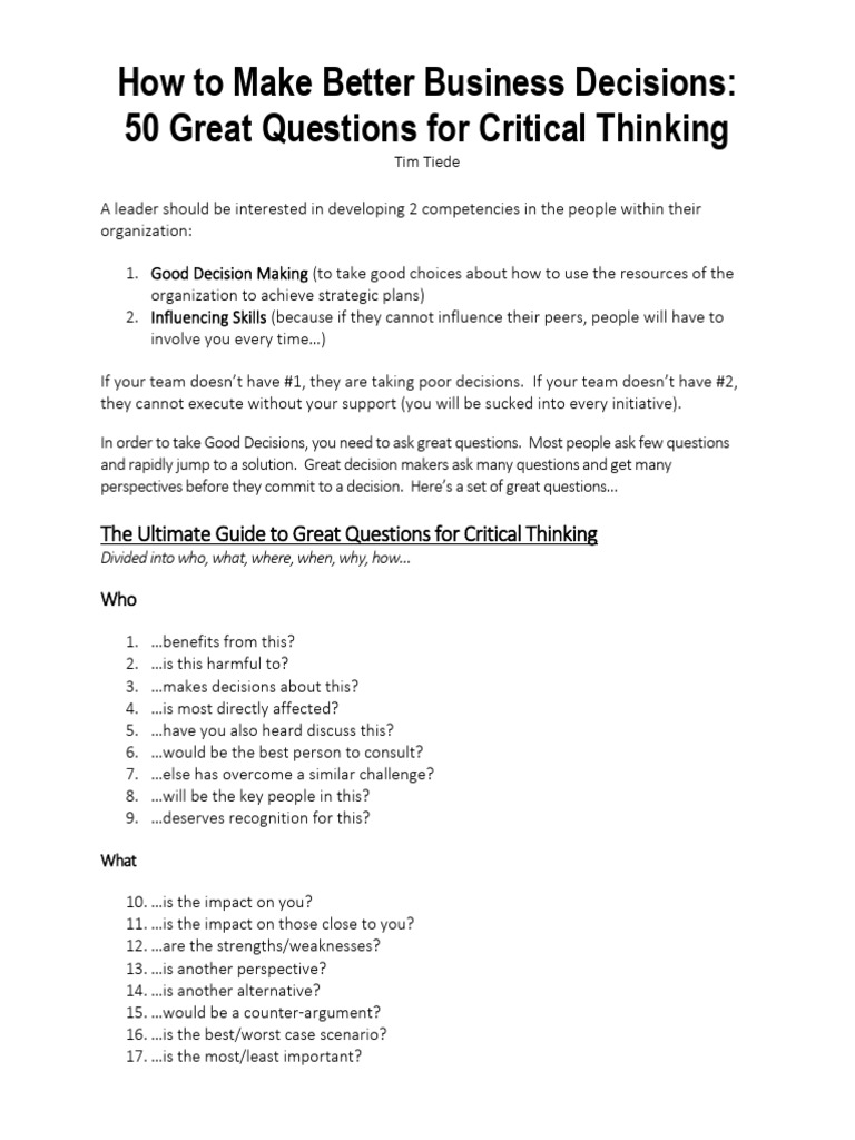 Questions for Better Business Decisions | PDF | Behavioural Sciences ...