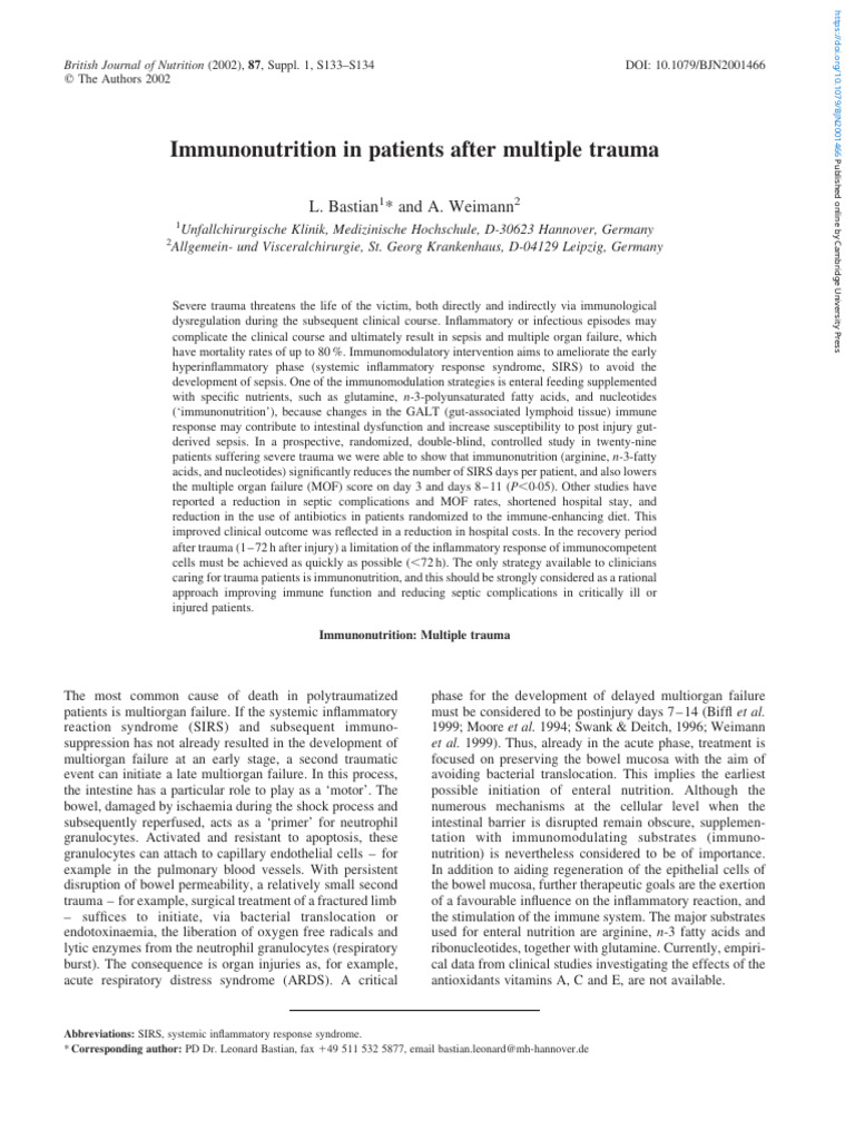 Immunonutrition in Patients After Multiple Trauma | PDF | Sepsis | Inflammation