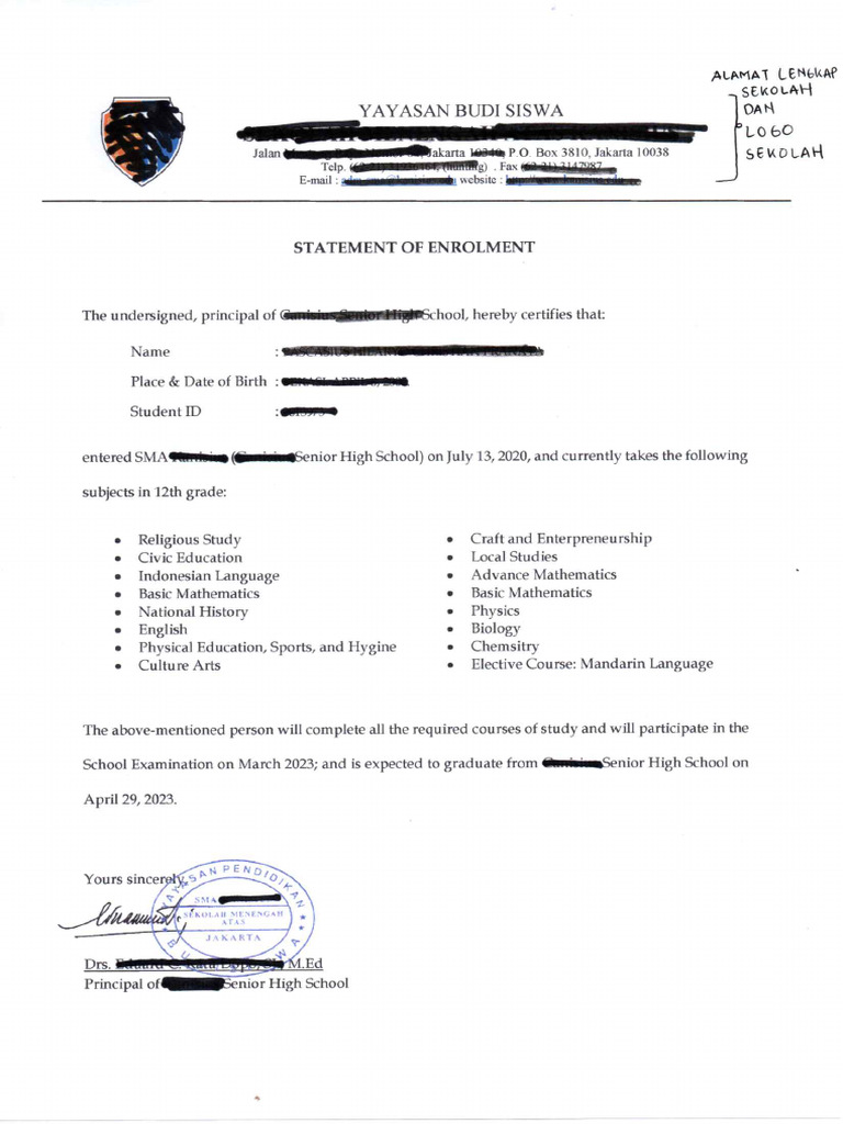 Sample - Proof of Registration Classes Taken in Grade 12 | PDF