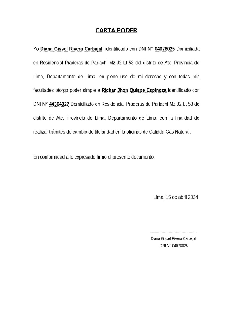 Carta Poder Calidda | PDF