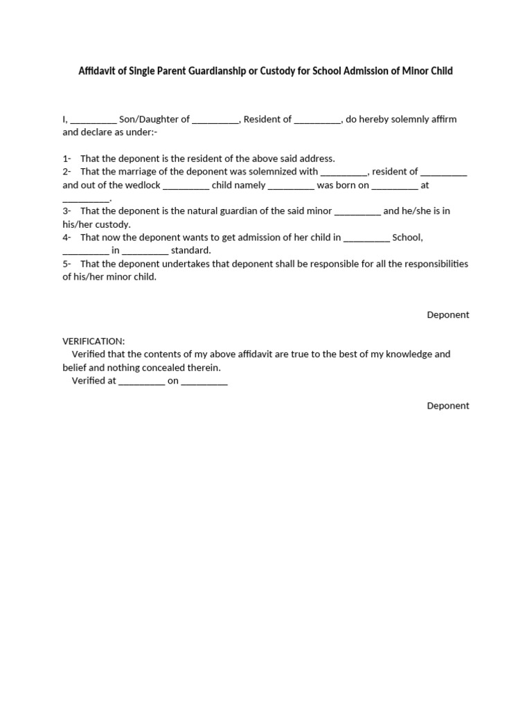 Single Parent Custody Affidavit Template | PDF