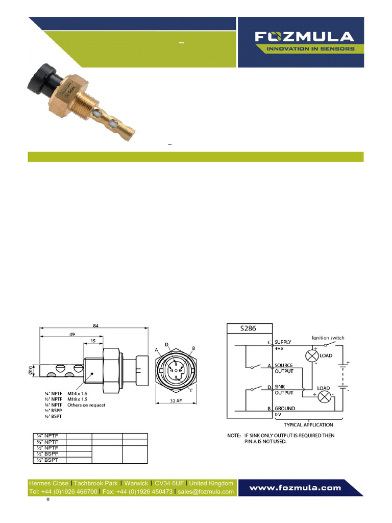 S286 Oil Level Switch Specifications | PDF | Switch | Electrical Connector