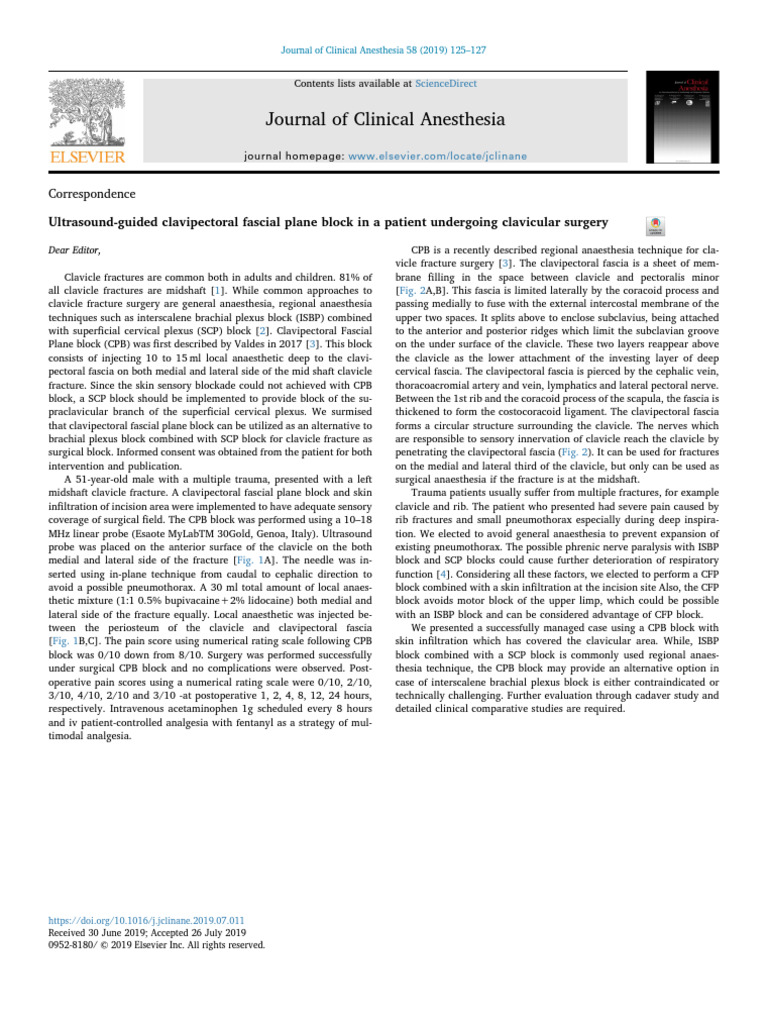 Ultrasound-guided Clavipectoral Fascial Plane Block in a Patient ...