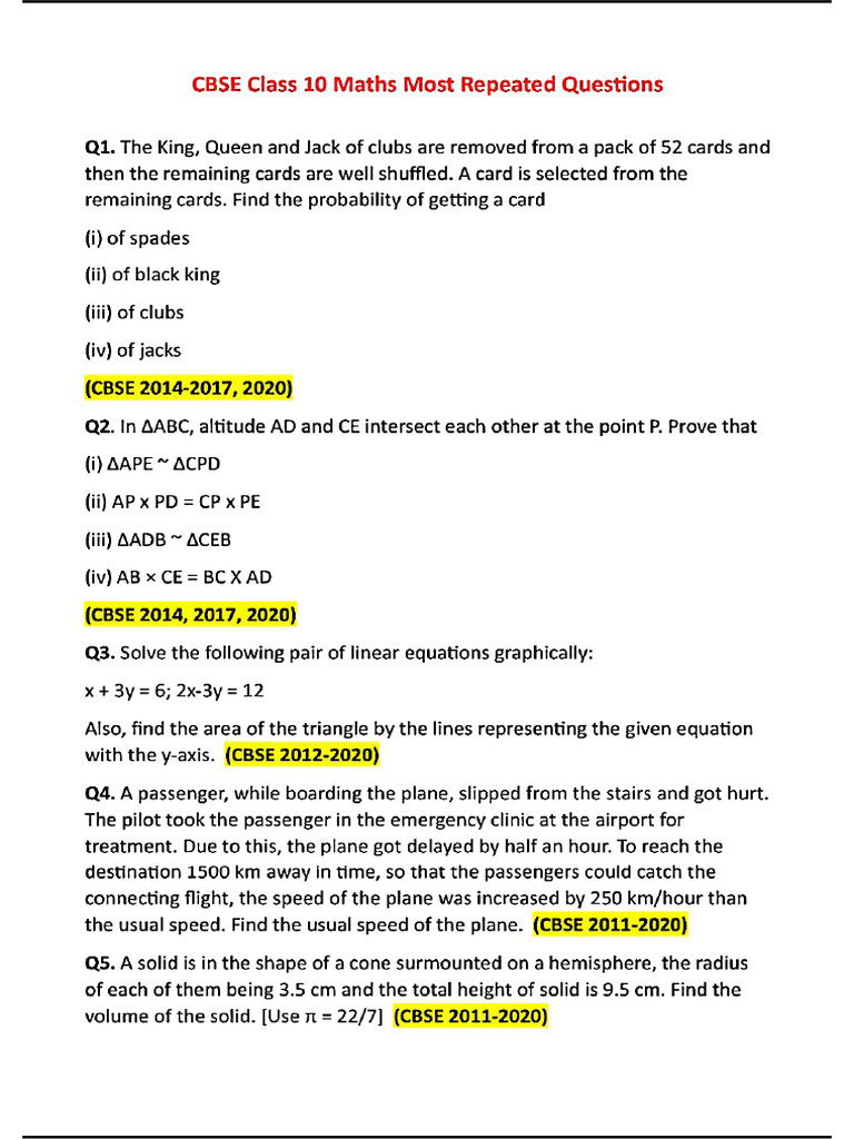 Class 10 Maths Most Repeated Questions | PDF