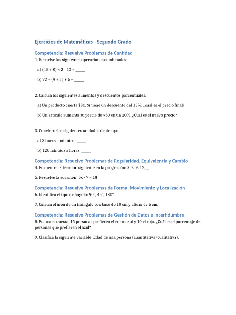 Ejercicios Matematicas Segundo Grado | PDF