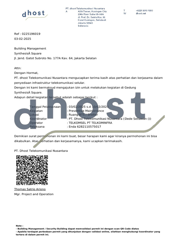 Izin Maintenance BTS Synthesis Square | PDF