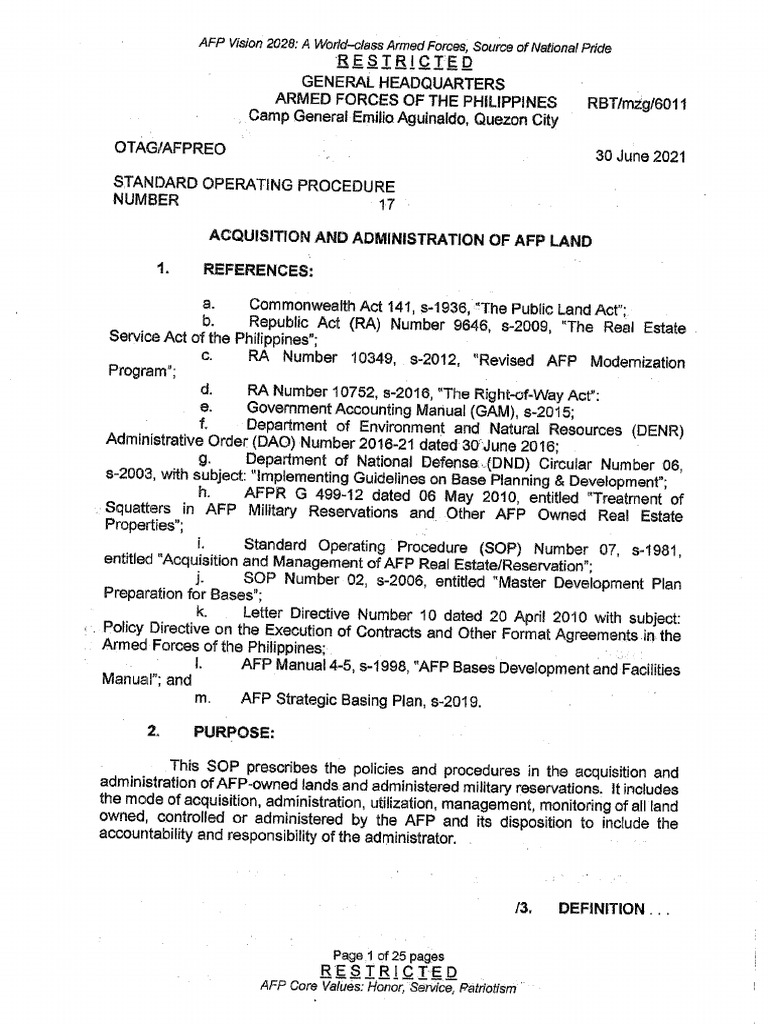 SOP NR 17 Acquisition and Administration of AFP Lands s-2021 | PDF