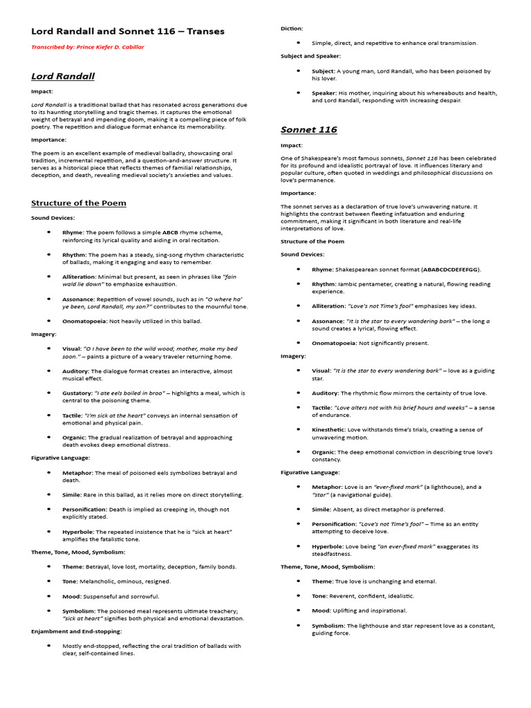 Lord Randall & Sonnet 116 Analysis | PDF | Poetry | Sonnets
