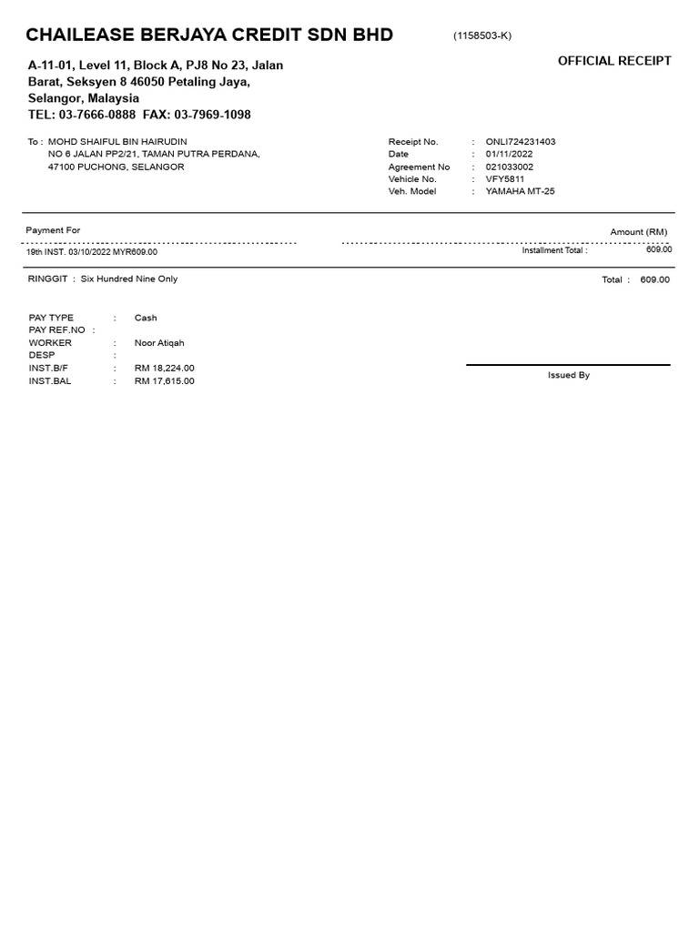 Receipt for Vehicle Installment | PDF