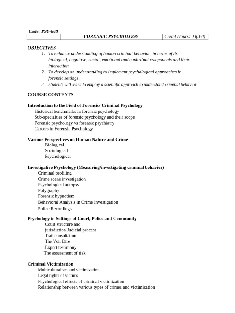 Course Outline Forensic Psy | PDF | Crimes | Crime & Violence