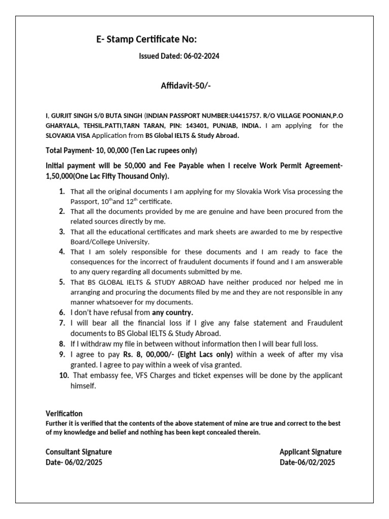 Gurjit Singh Slovakia Payment Agreement | PDF