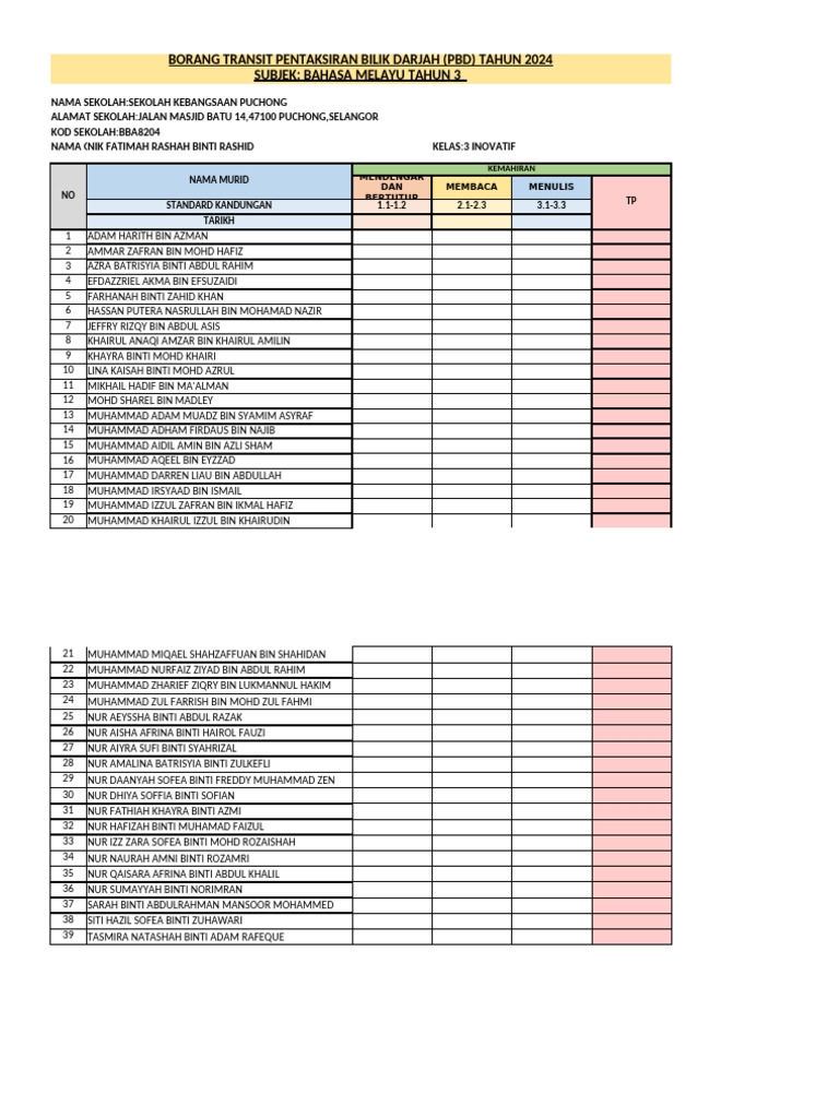 BORANG TRANSIT PBD BM THN 3 (Version 2) | PDF