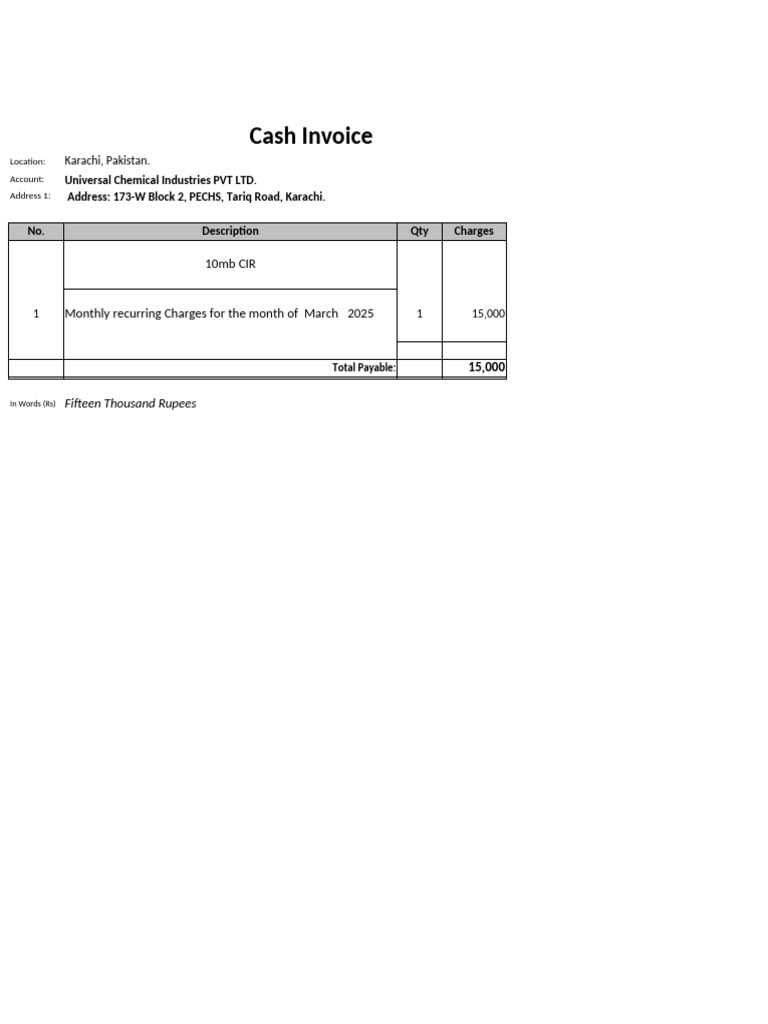 Cash Invoice-Universal Chemical Tariq Road-Internet (March 2025) | PDF