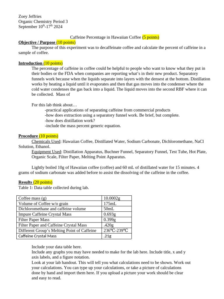 Caffeine Extraction Lab Report Template Pdf Distillation Water