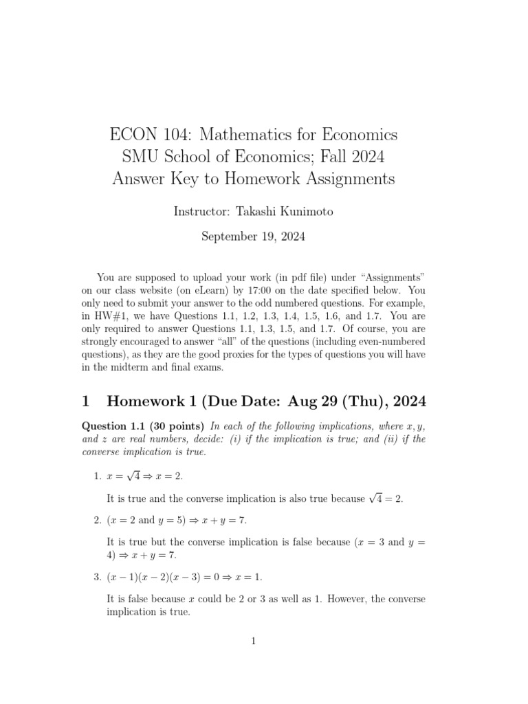 Answer Key To HW Up To #4 Math For Econ Fall2024 | PDF | Function ...
