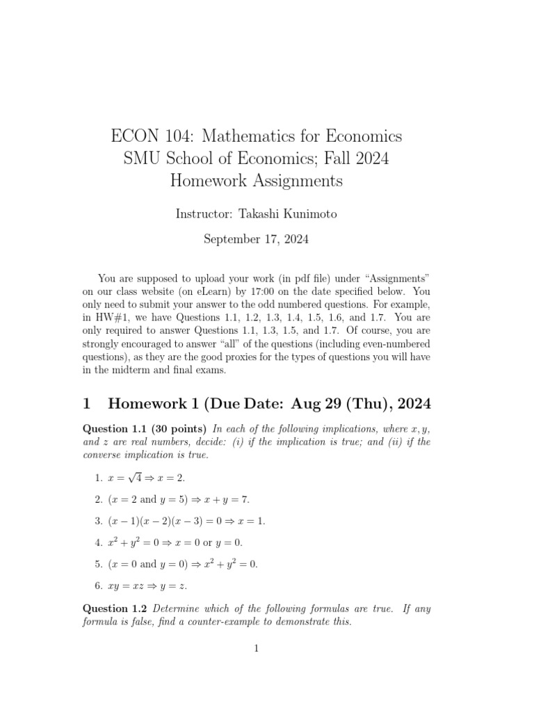 HW Up To #5 Math For Econ Fall2024 | PDF | Mathematical Analysis | Mathematics