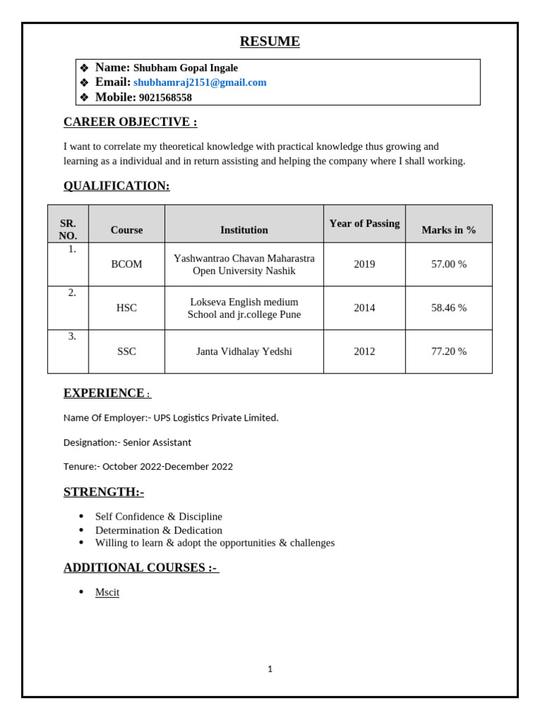 Resume of Shubham Gopal Ingale | PDF | Learning | Human Communication