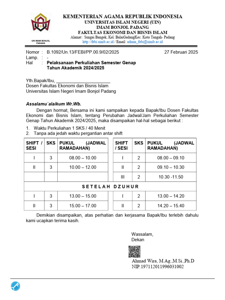 Penyesuaian Jadwal Kuliah-Jam Perkuliahan Selama Bulan Ramadhan 1446H | PDF